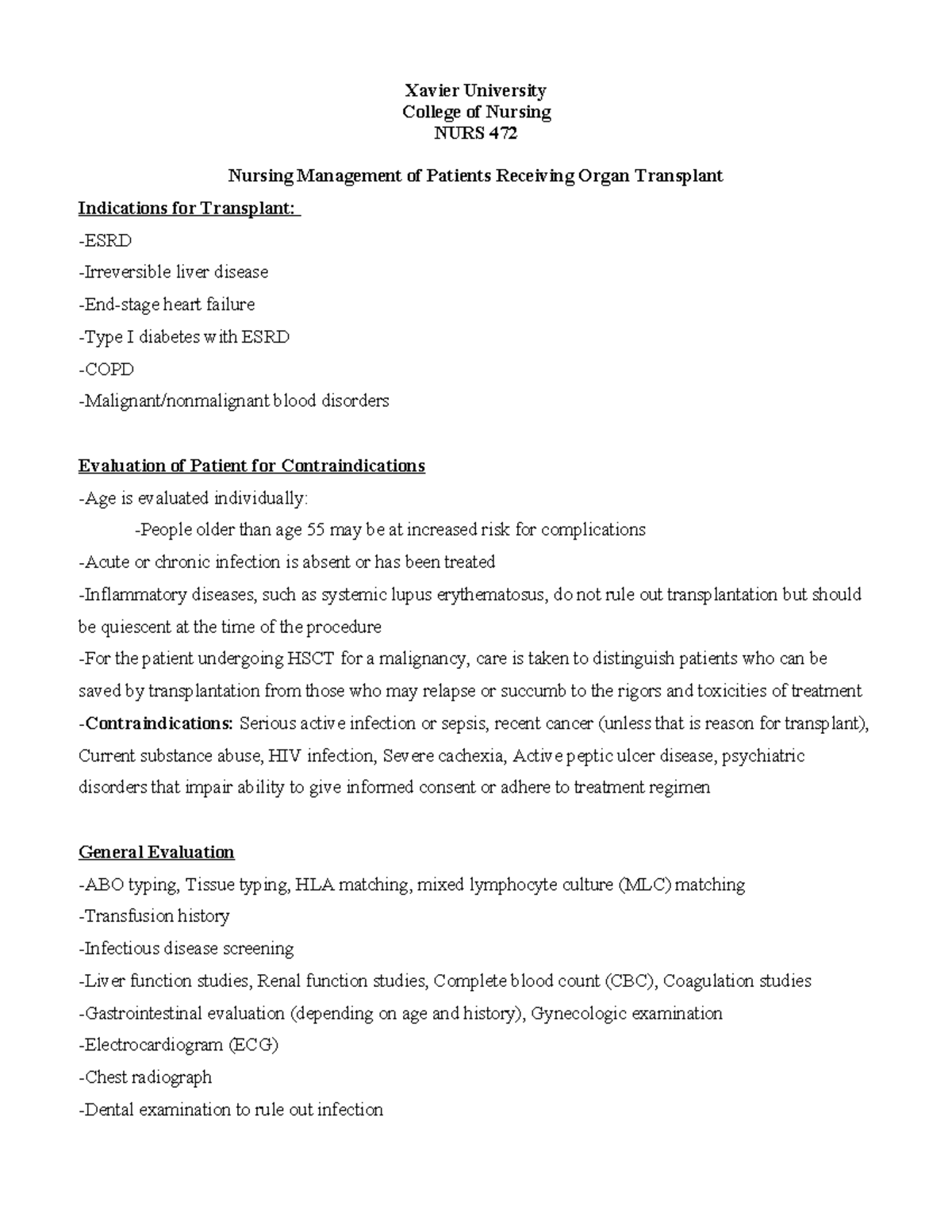 Organ Transplant & HSCT: NURS 472 Comprehensive Study Notes - Studocu