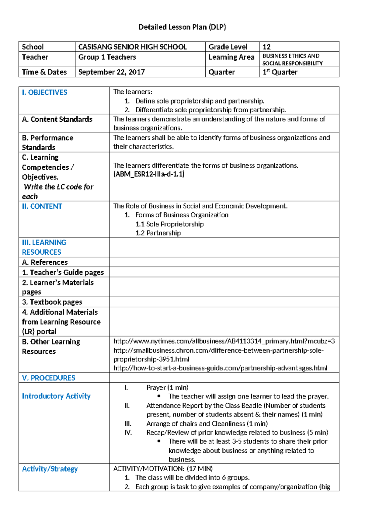 DLP.Business Ethics Lesson Plan on Sole Proprietorship vs Partnership ...