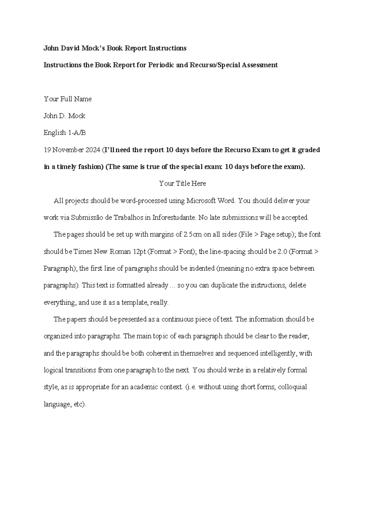 English 1 Book Report - John David Mock’s Book Report Instructions ...