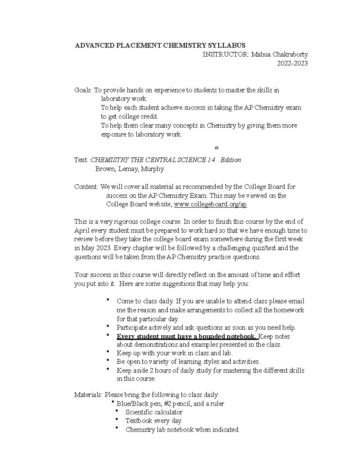 AP Chemistry Syllabus Overview - Instructor Mahua Chakraborty - Studocu
