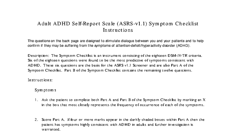 Adult ADHD Scale Symptom Checklist Instructions (ADHD-ASRS v1.1) - Studocu