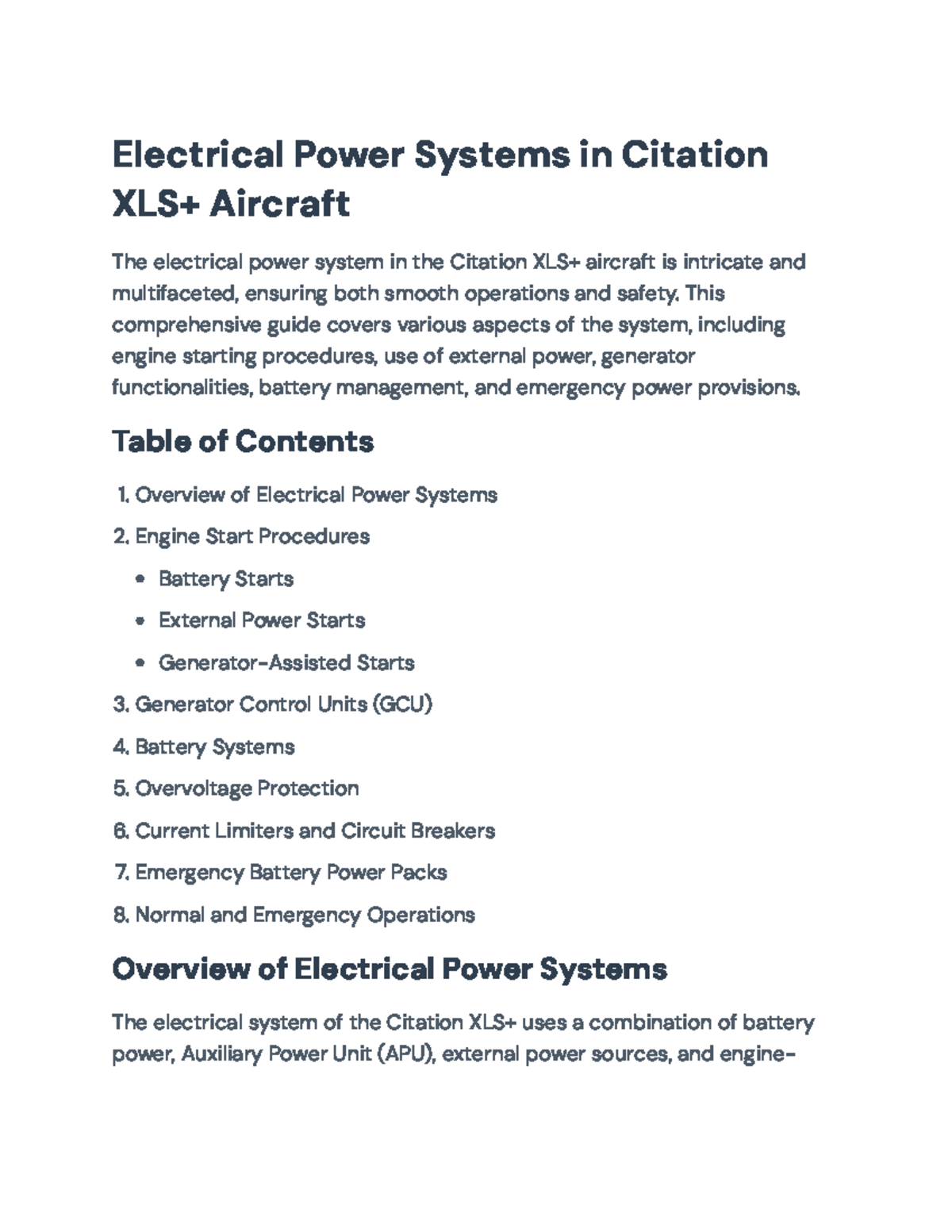 Electrical Power Systems Overview and Operations in Citation XLS+ ...