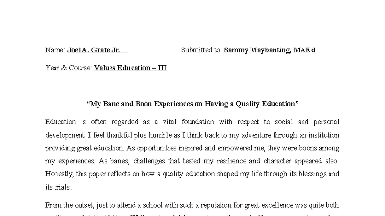 Values Education (VE101): Boons and Banes of Quality Education - Studocu