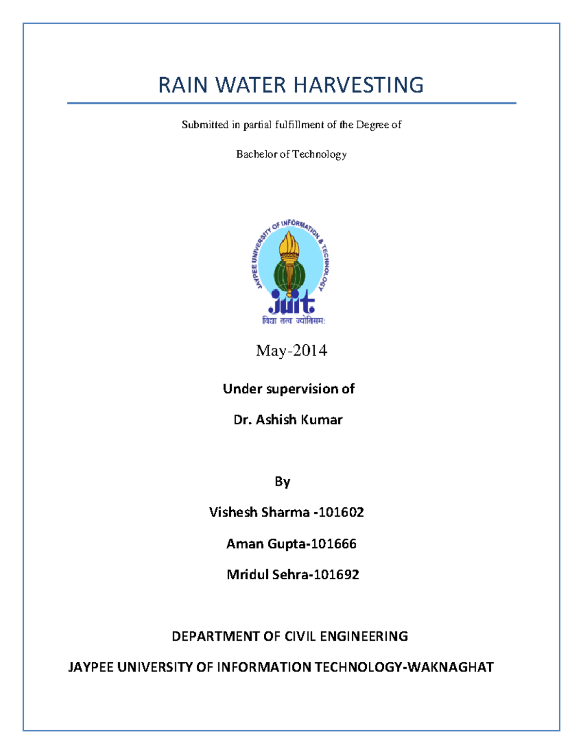 B.Tech Project Report: Rain Water Harvesting in Civil Engineering - Studocu