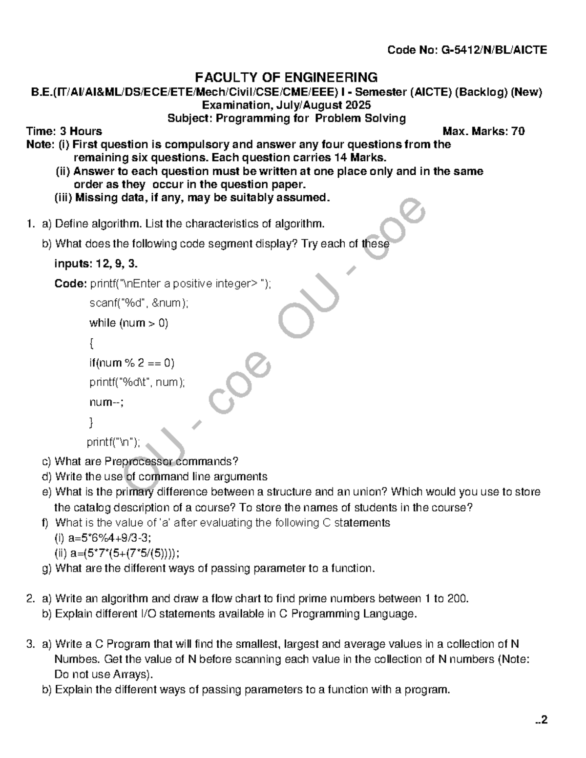 Programming for Problem Solving (PPS) - I Semester Exam July 2025 - Studocu