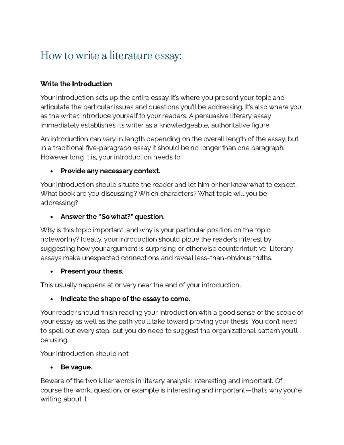 How to Write a Literature Essay: Introduction & Body Tips - Studocu