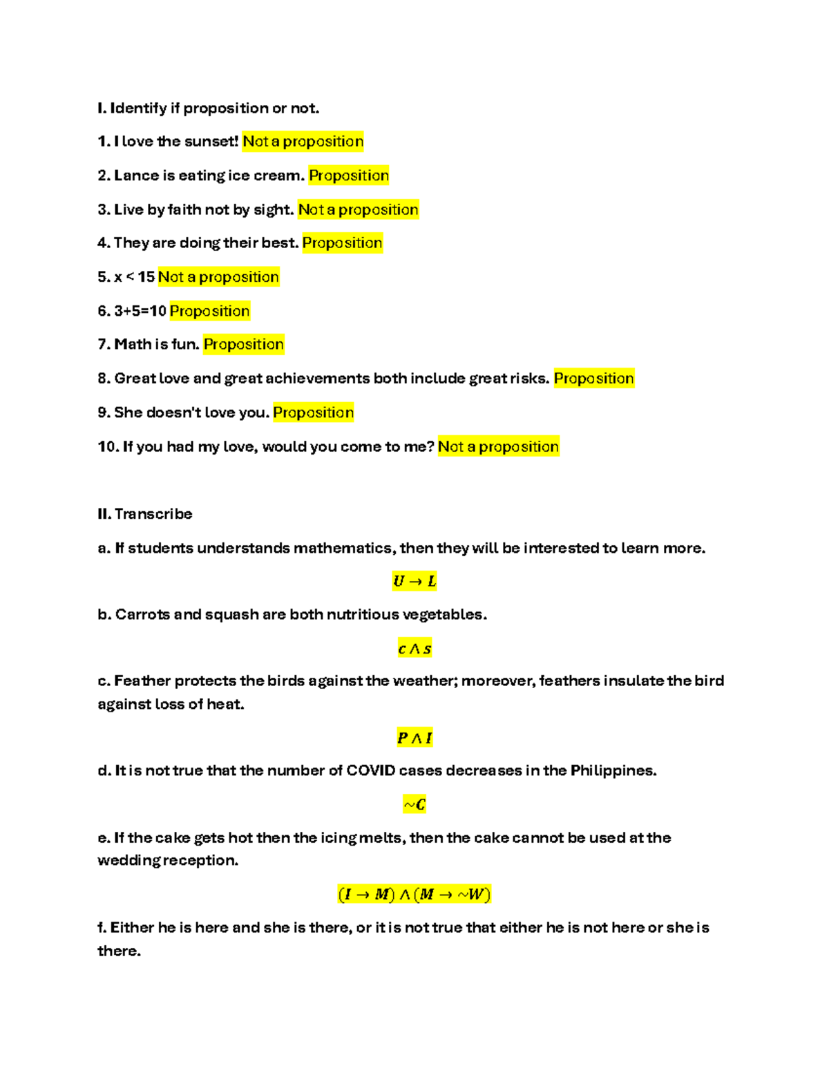 Elementary Logic (MATH 101): Propositions and Transcriptions Examples ...