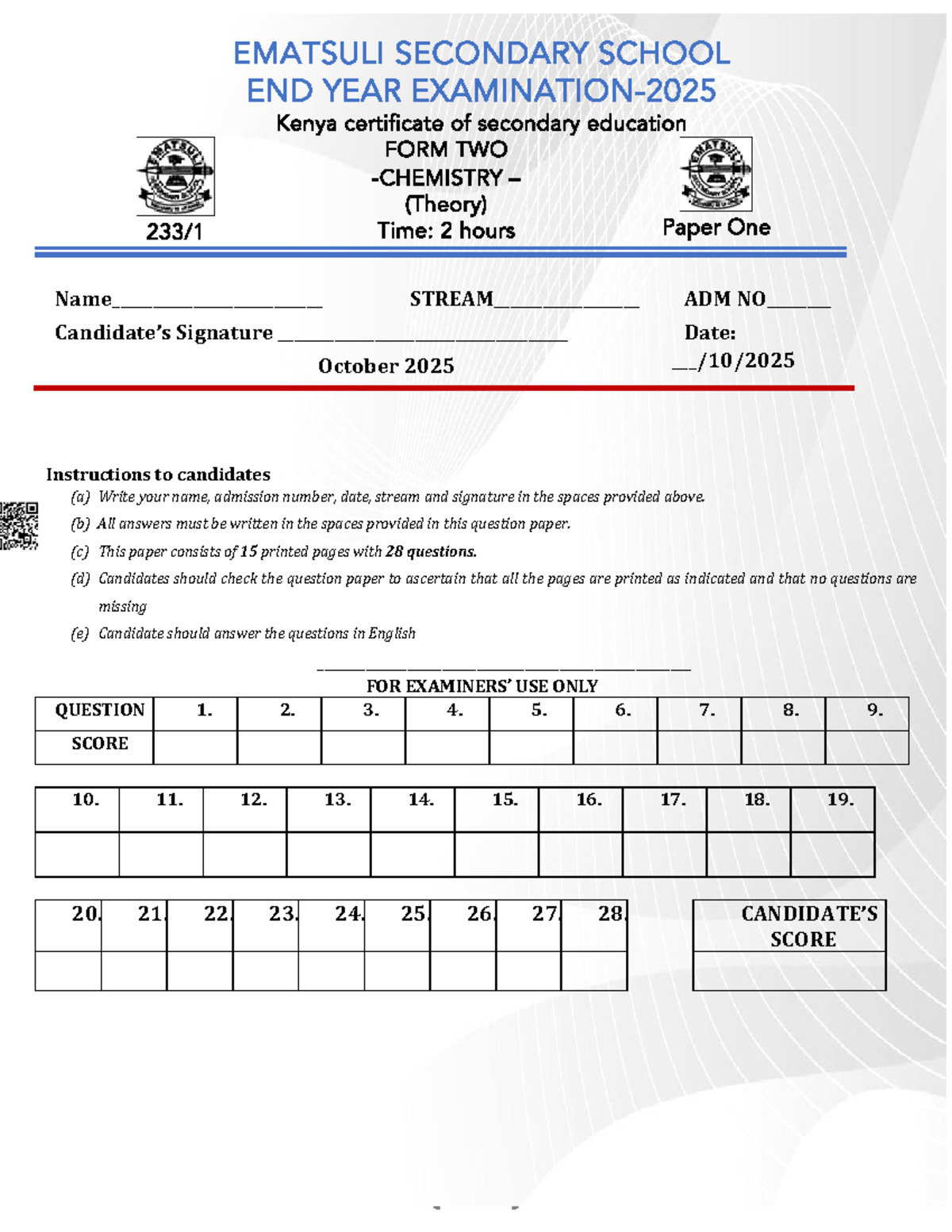 F2 Chemistry End Year Exam Paper 1 - October 2025 - Studocu