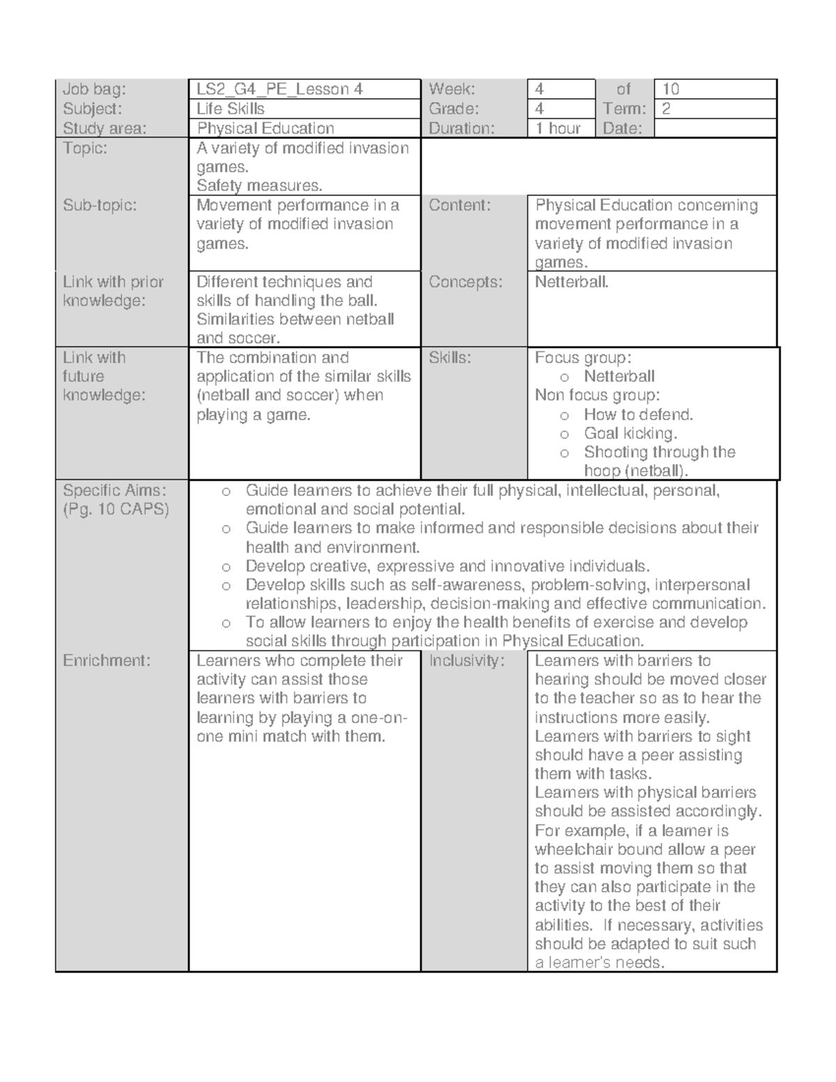 LS2 G4 PE Lesson 4 - Modified Invasion Games & Assessment Guide - Studocu