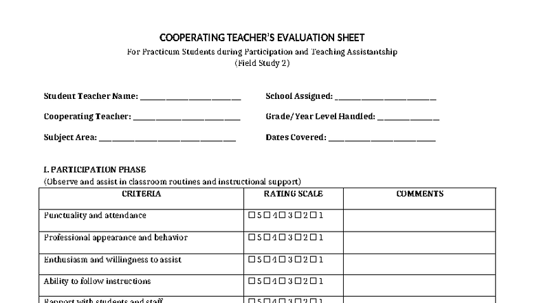 CT Evaluation Form for Practicum Students (Field Study 2) - Studocu