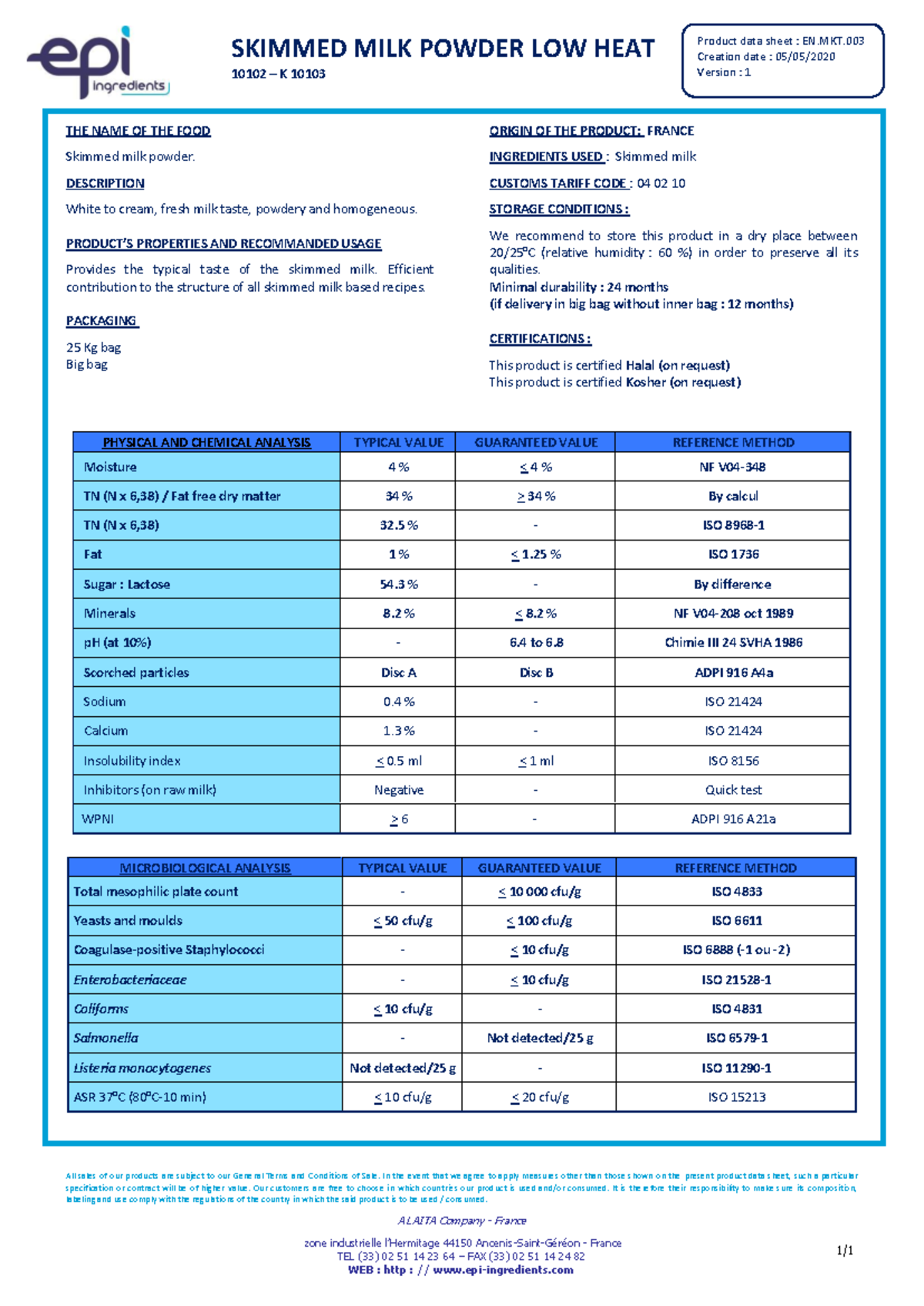 EPI 10102 Product Data Sheet: Skimmed Milk Powder Low Heat - Studocu