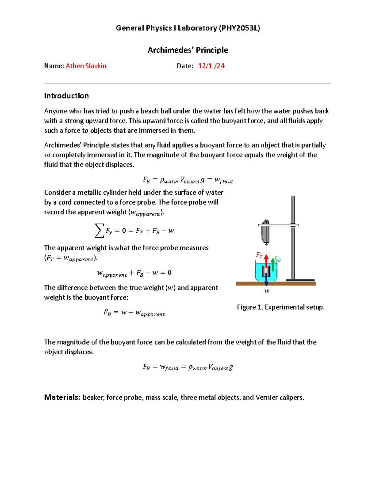 Archimedes' Principle Lab Report (PHY2053L) - Studocu