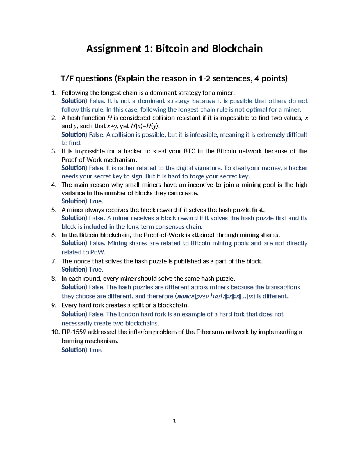 Bitcoin and Blockchain Assignment 1: T/F, Conceptual, and Analytical Qs - Studocu