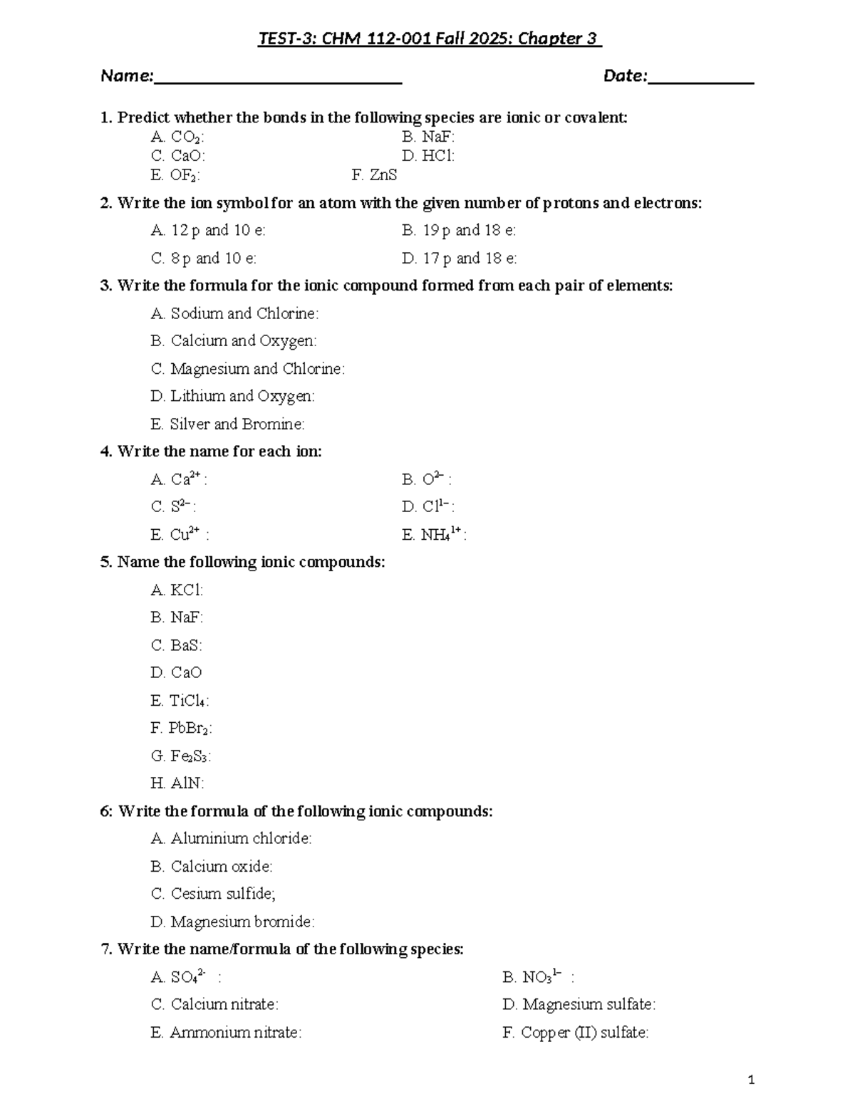 CHM 112-001 Fall 2025: Test 3 on Ionic & Covalent Bonds - Studocu