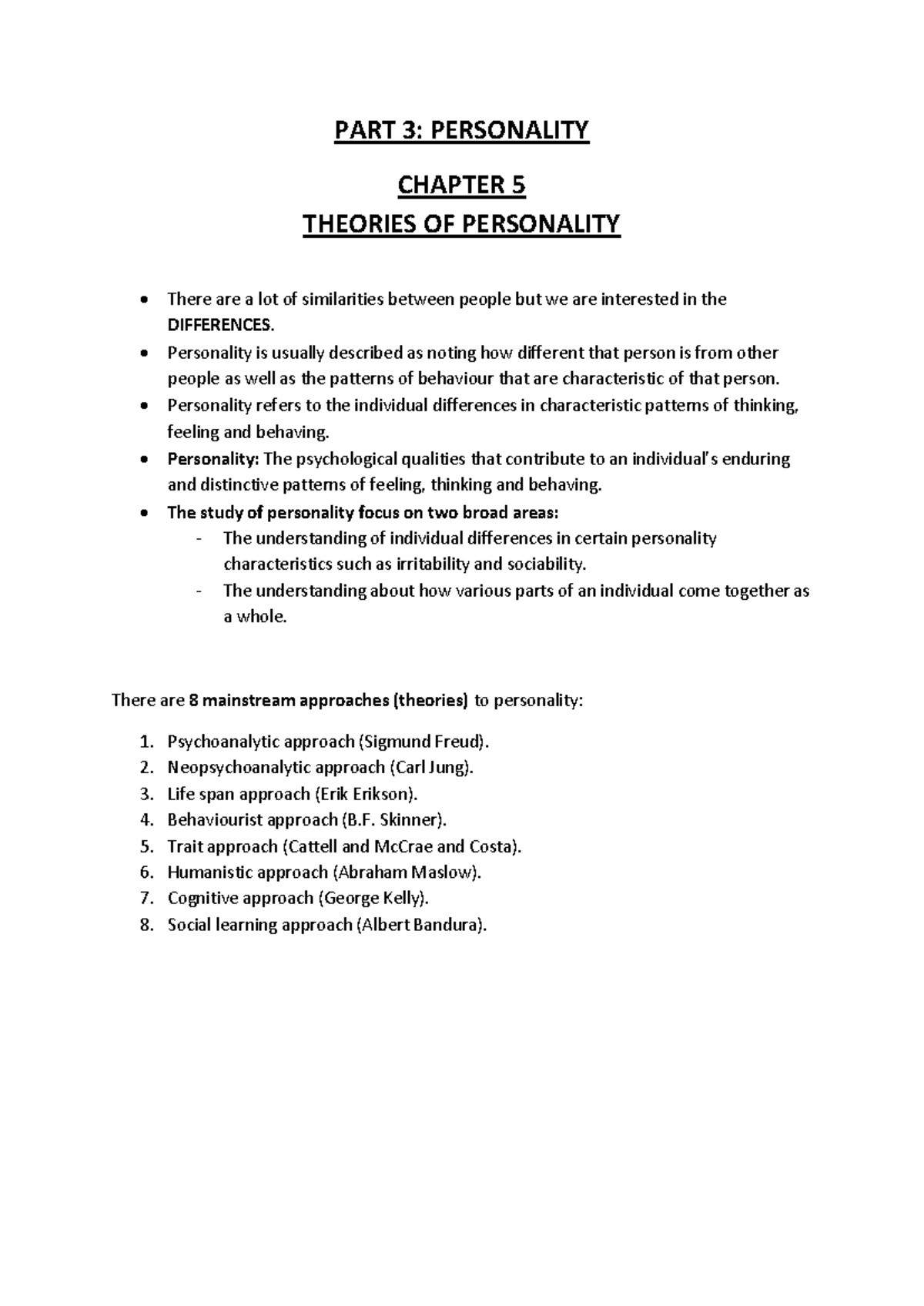 Chapter 5 Summary: In-Depth Analysis of Theories of Personality (PSY ...