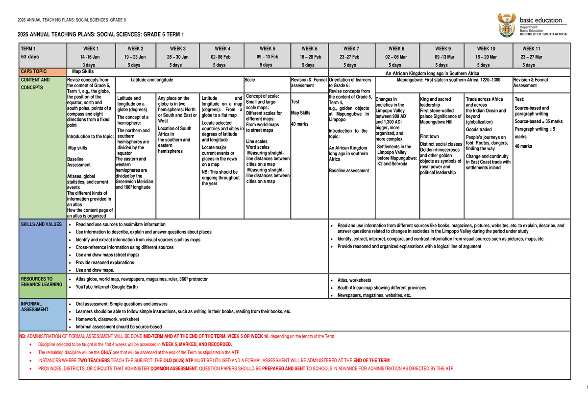 2026 ANNUAL TEACHING PLANS: SOCIAL SCIENCES GRADE 6 (ATP) - Studocu
