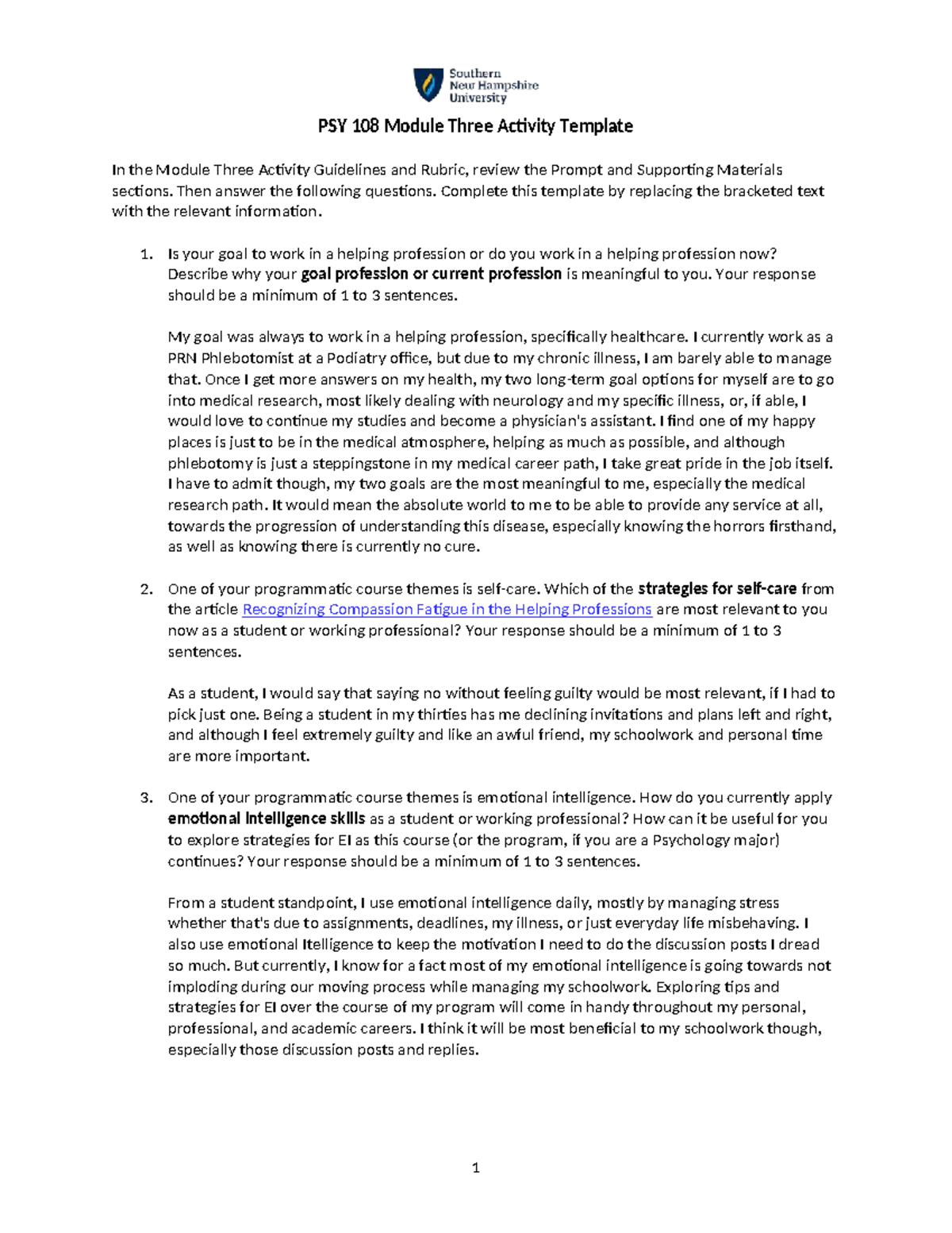 PSY 108 Module Three Activity Submission: Exploring Career Goals and EI ...