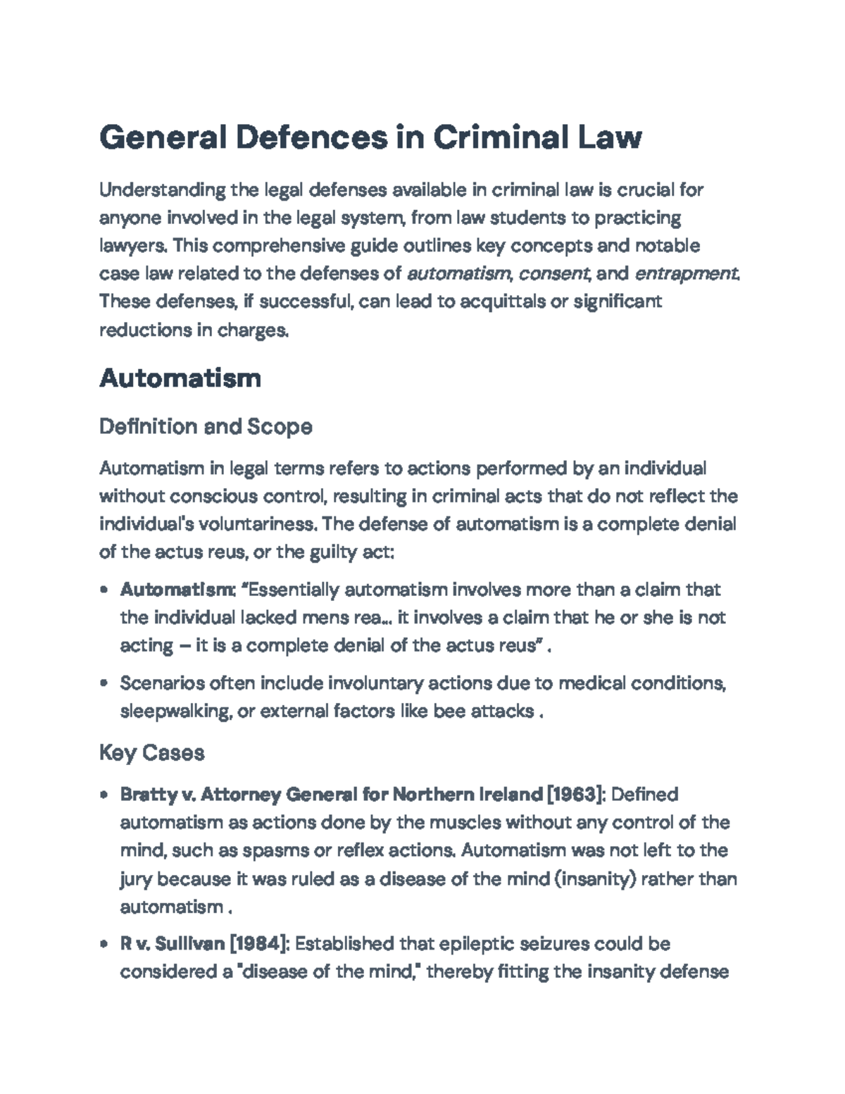 General Defences in Criminal Law: Automatism, Consent & Entrapment ...
