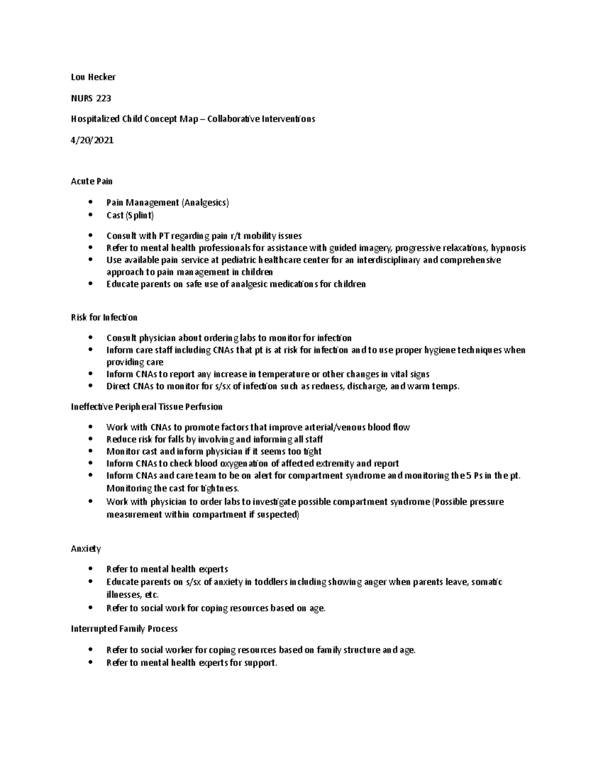 223 Hospitalized Child Concept Map 2 - Ineffective Peripheral Tissue ...