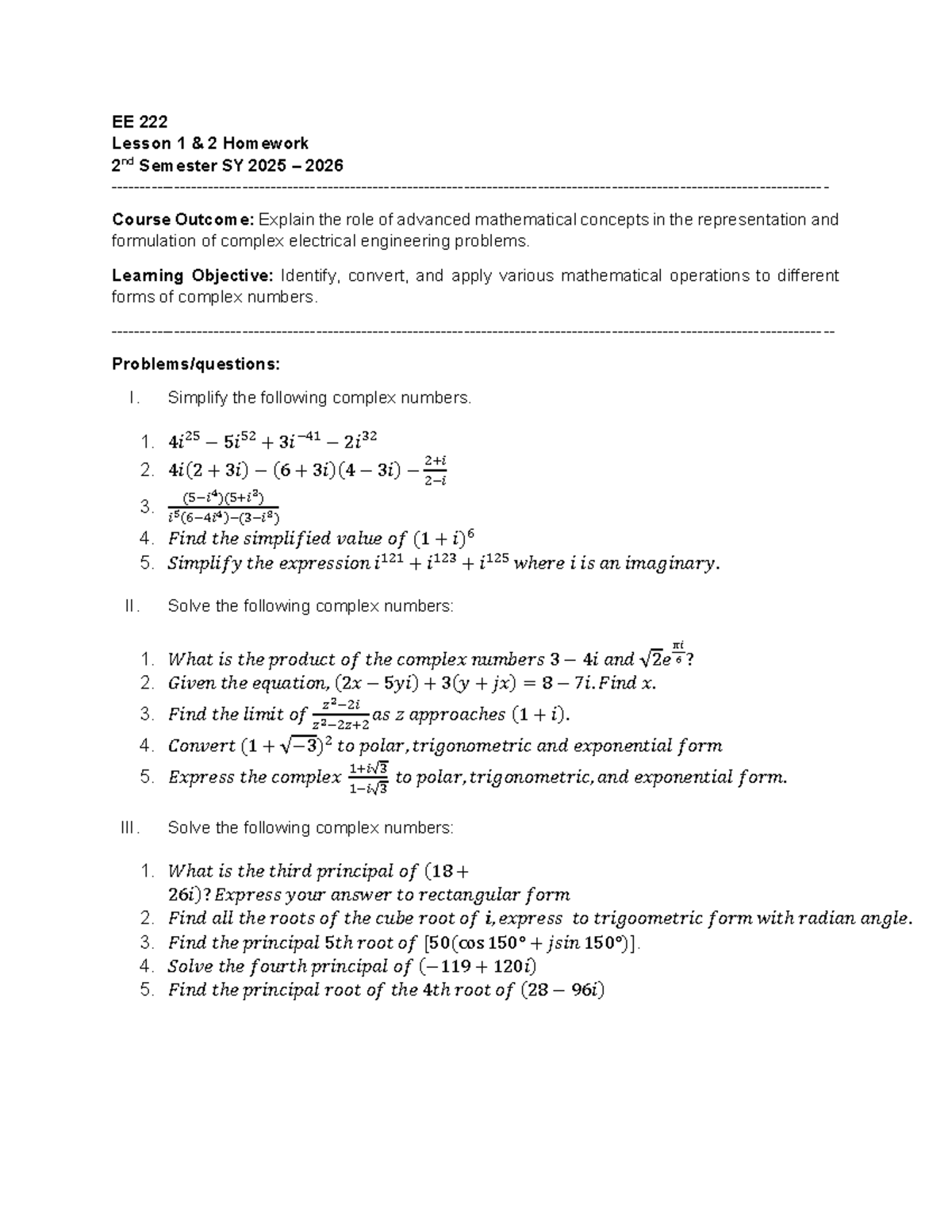 EE 2nd Sem Homework 1: Advanced Complex Numbers & Operations - Studocu