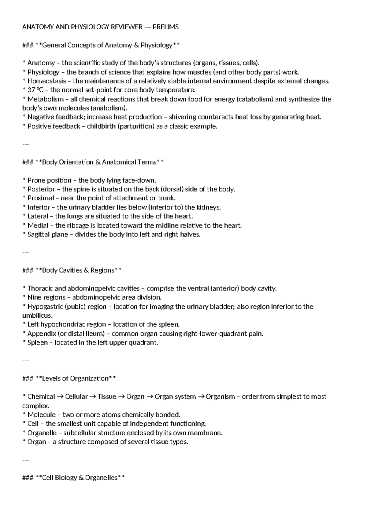 ANATOMY 101: PRELIM REVIEWER & STUDY GUIDE - Studocu