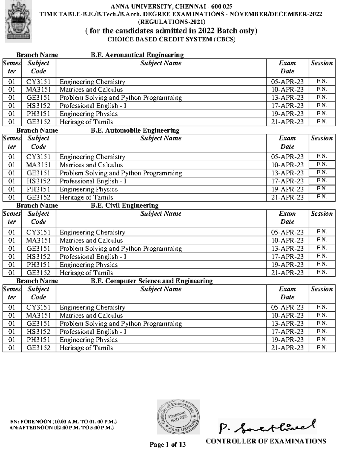 B.E./B.Tech. Nov/Dec 2021 Exam Timetable for 2022 Admits - Studocu