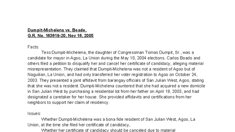 Dumpit-Michelena vs. Boado: G.R. No. 163619-20 Case Summary - Studocu