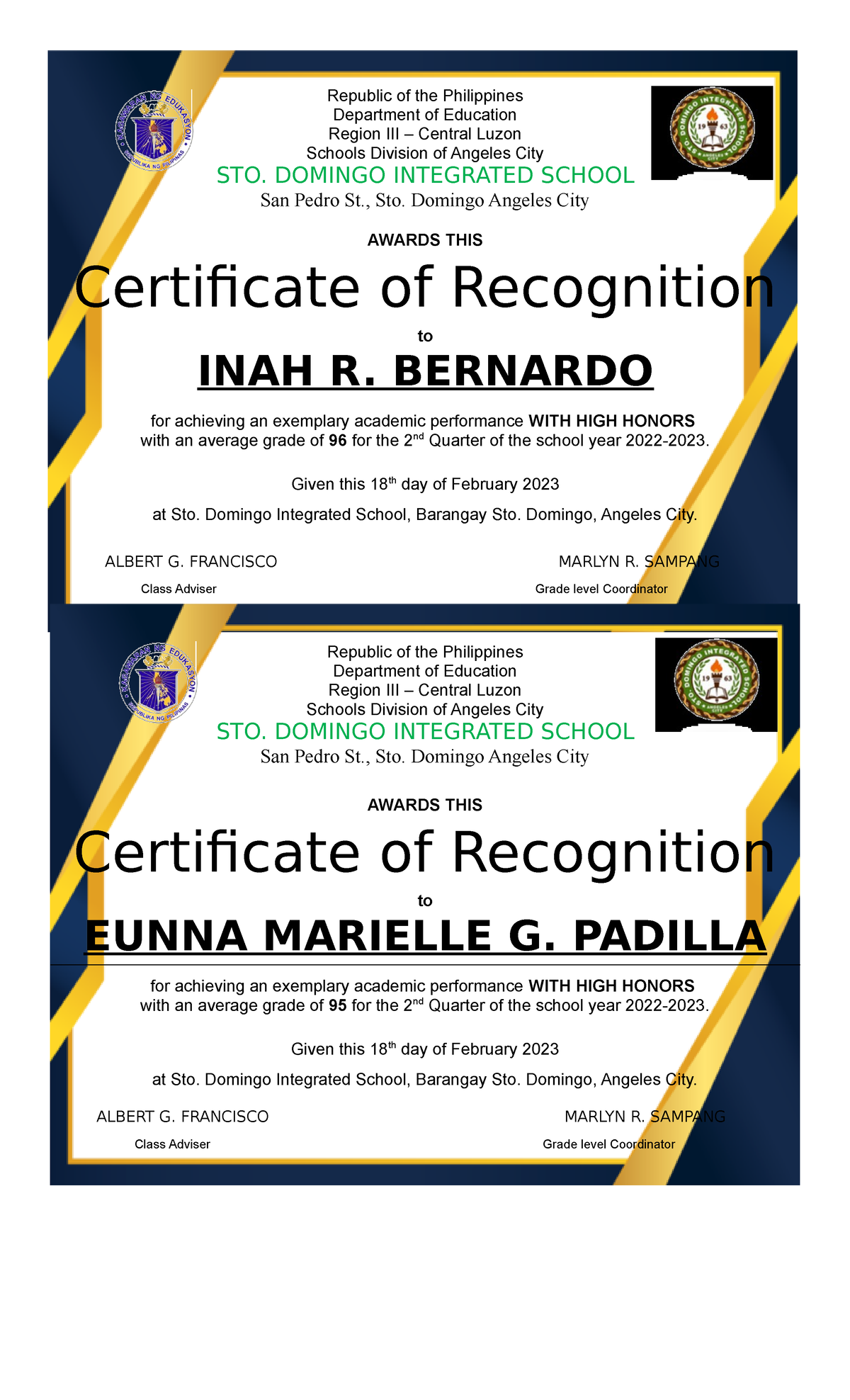 2ND Quarter Certificate of Recognition Template for Outstanding ...