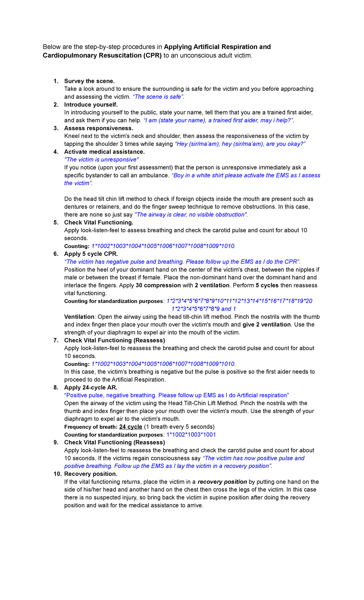 Step-by-Step Guide to AR and CPR Procedures for Adults - Studocu