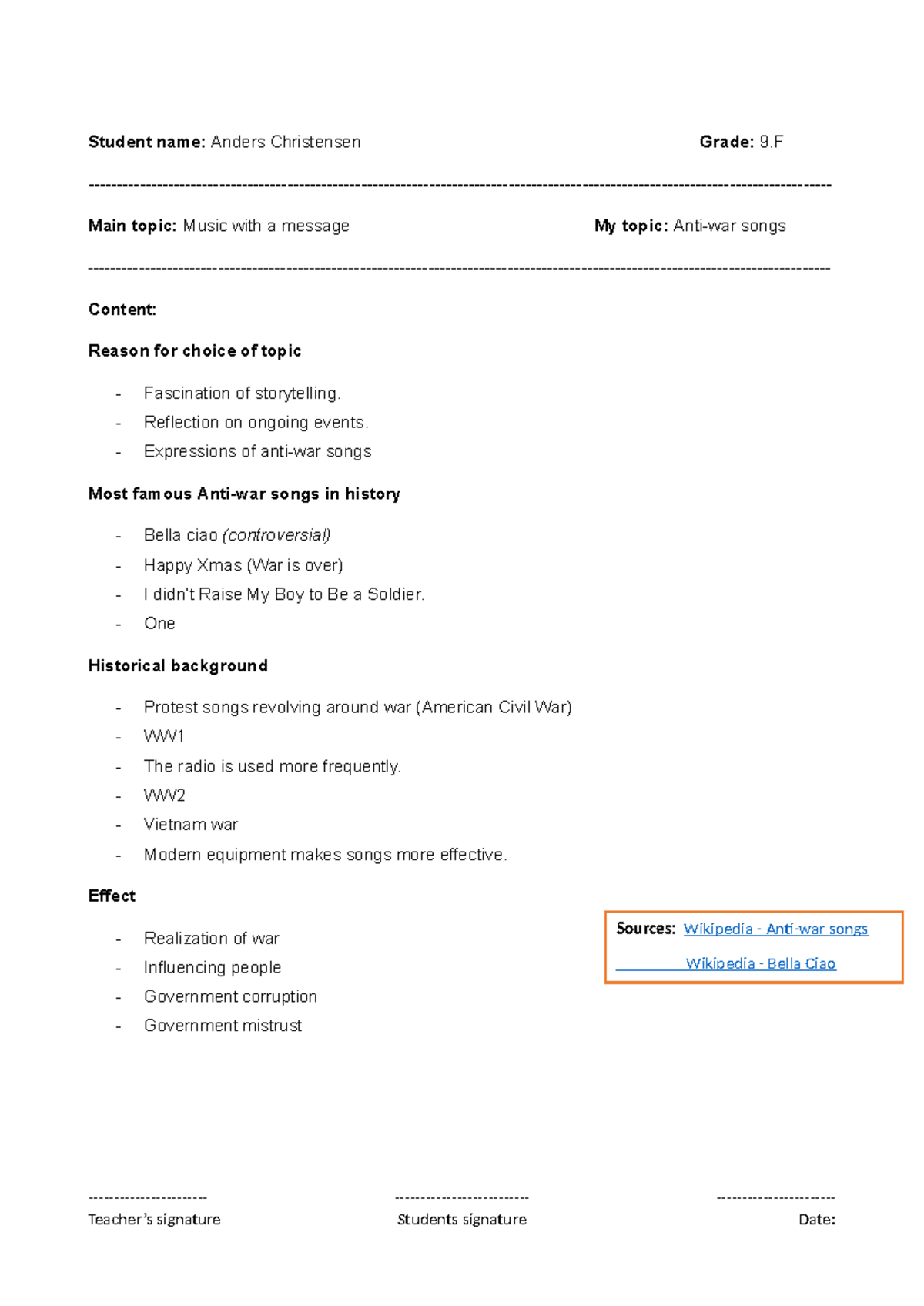 Engelsk - Outline - Music with a message - Student name: Anders ...