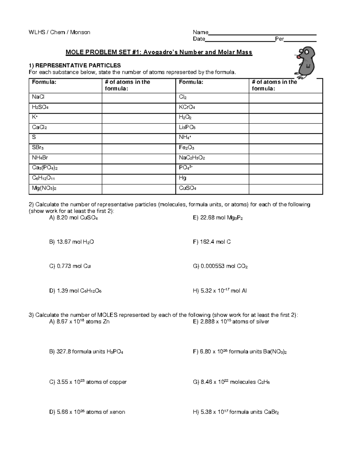 WLHS Chem MOLE PROBLEM SET: Representative Particles & Molar Mass - Studocu