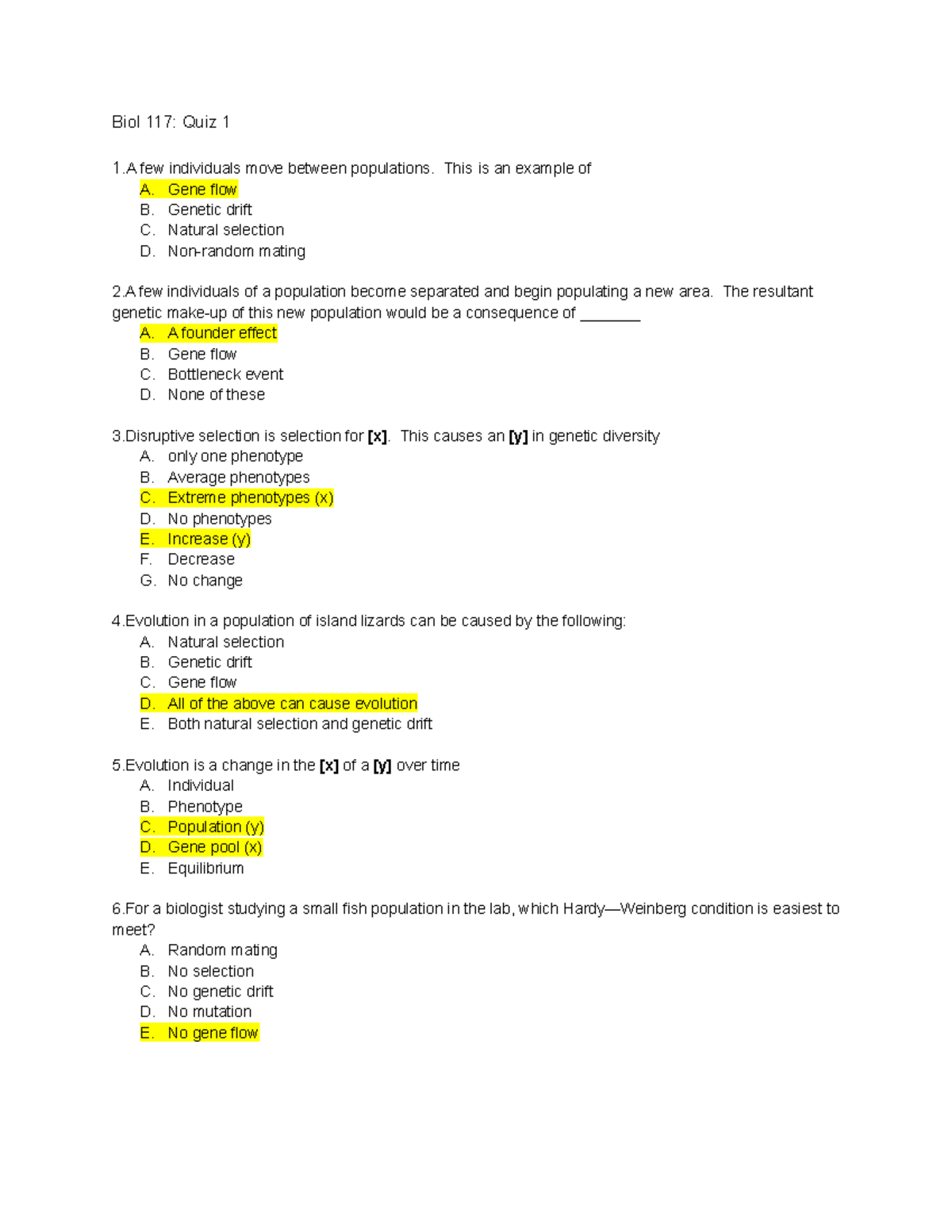 Biology 117: Quiz 1 - Biol 117: Quiz 1 1 few individuals move between ...