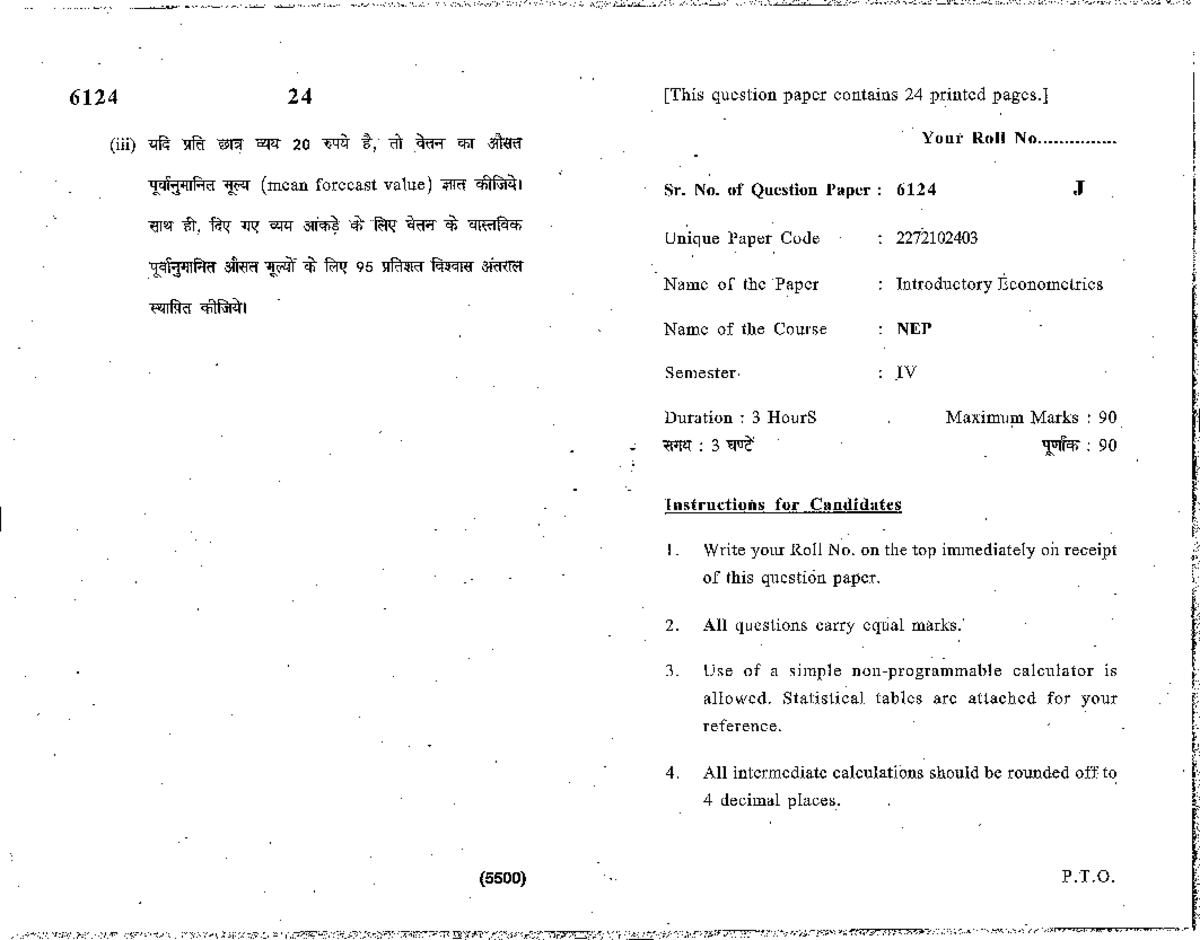 Introductory Econometrics Exam Paper (Course Code: 24 6124) - Studocu