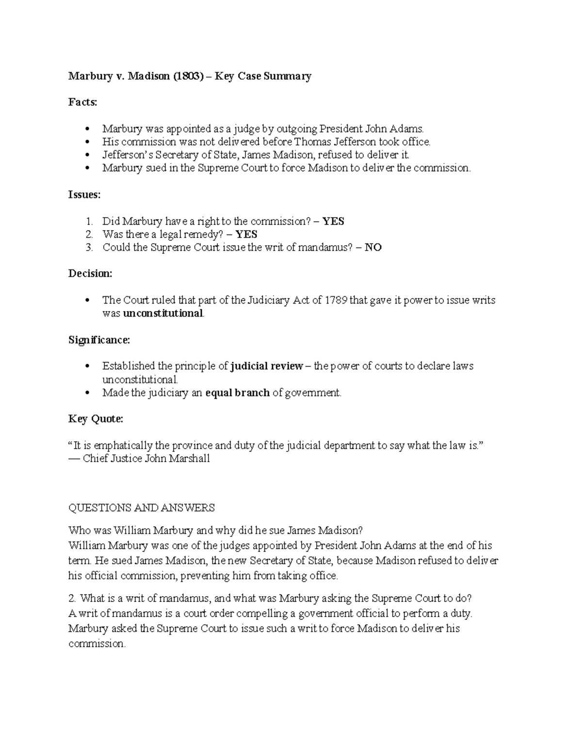 Marbury v. Madison (1803) Case Summary & Judicial Review Insights - Studocu