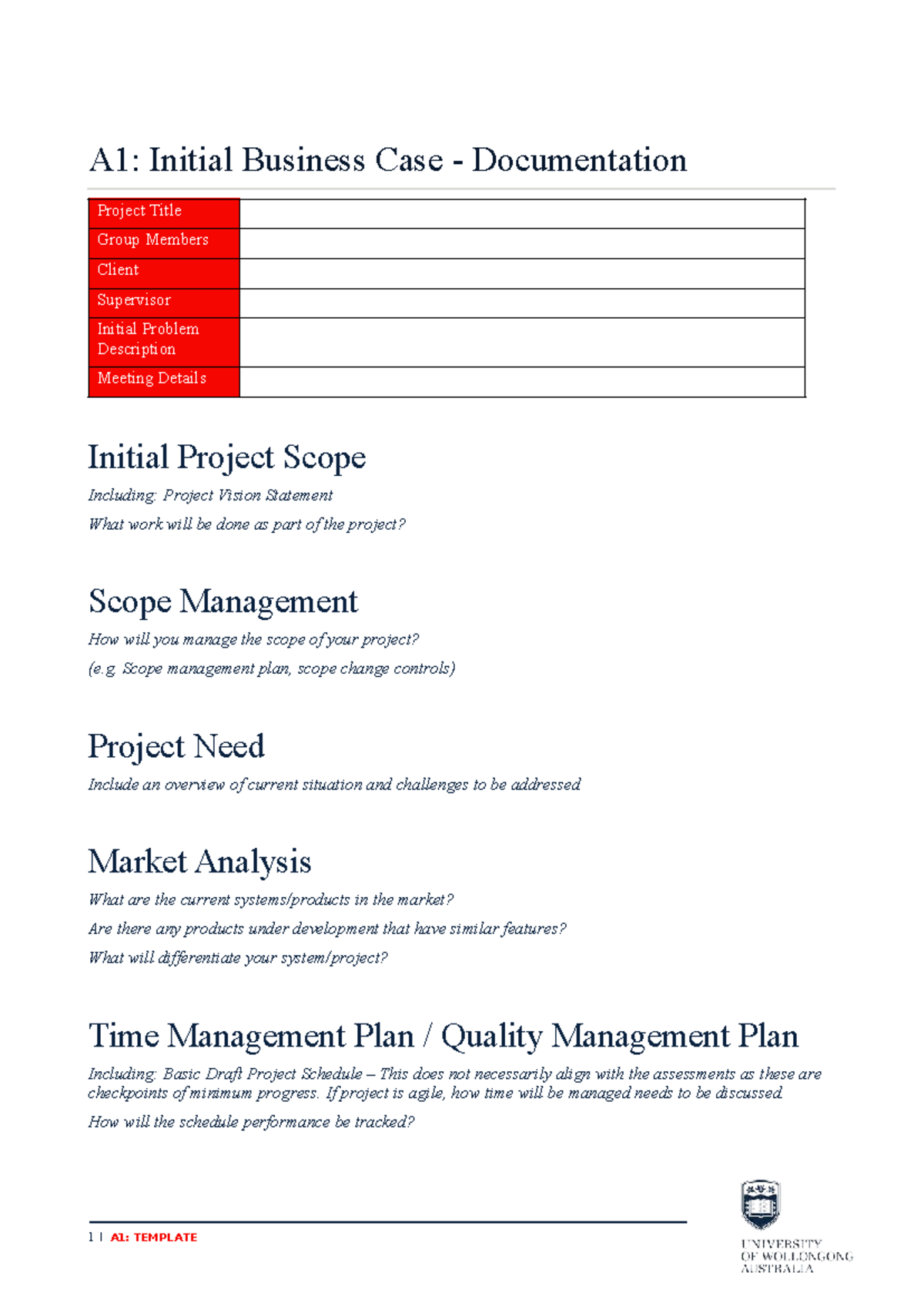 A1: Business Case Documentation Template for Project Planning - Studocu