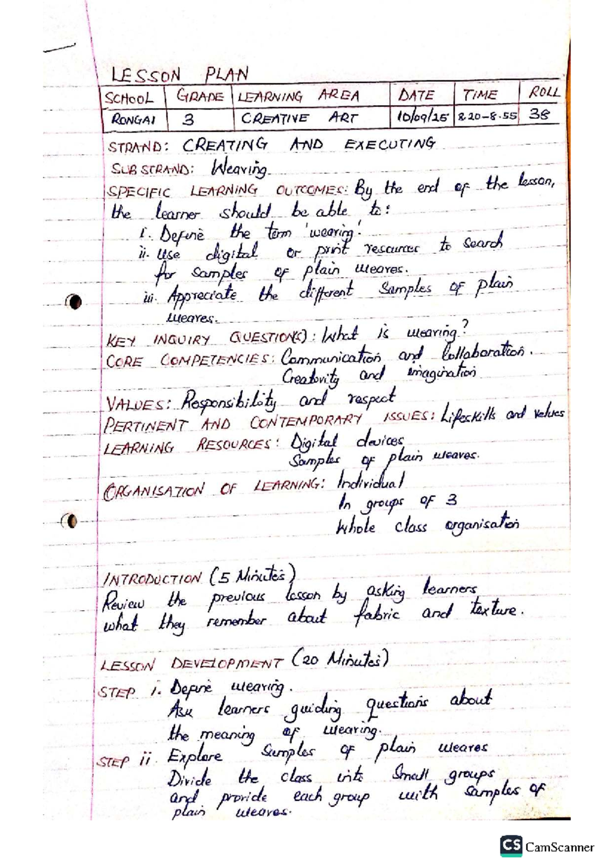 Sample Lesson Plan: Creative Art (Grade 3) - Weaving Techniques - Studocu