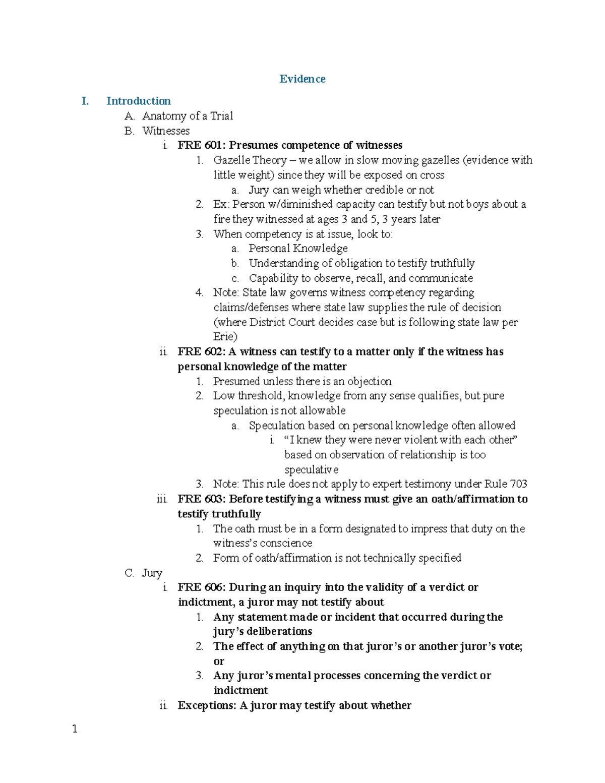 Evidence Outline - Evidence I. Introduction A. Anatomy of a Trial B ...