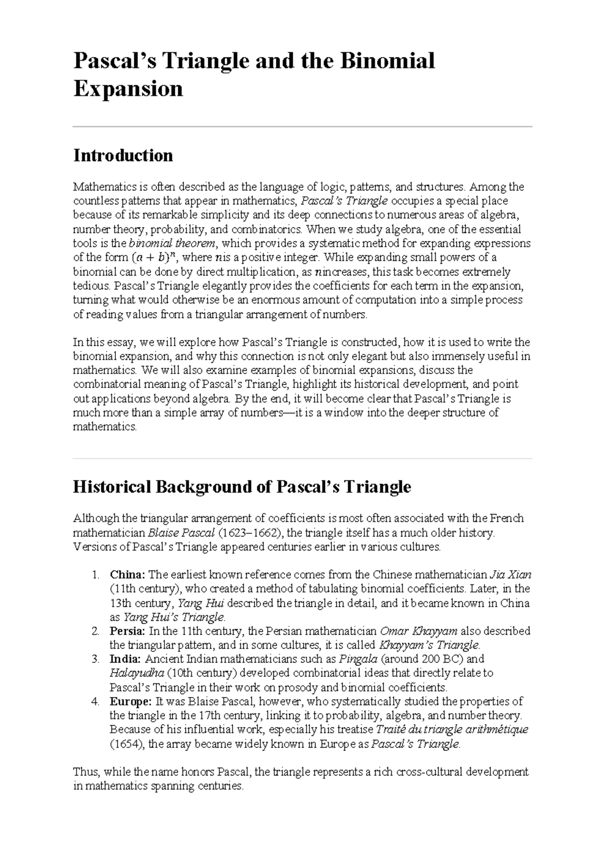 Pascal's Triangle and Binomial Expansion: A Mathematical Exploration ...