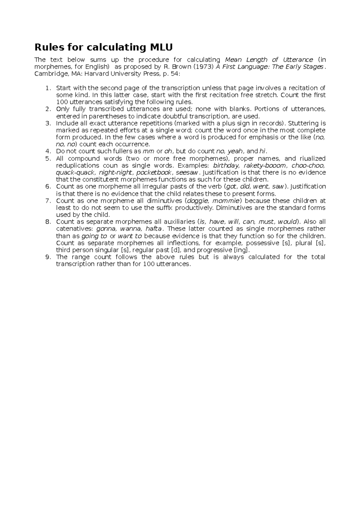 Browns Rules for MLU Calculation in Child Language Development - Studocu