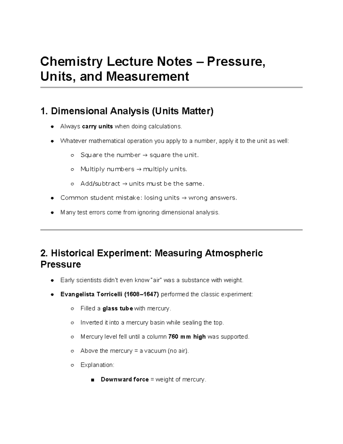 Chemistry Lecture Notes: Pressure, Units, and Measurement (CHEM101 ...
