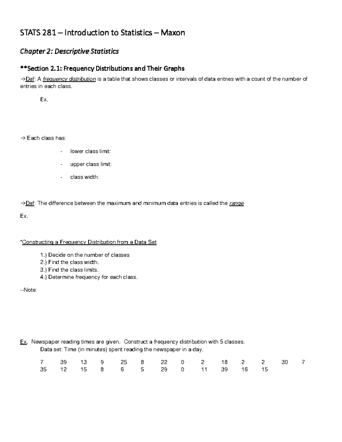 STATS 281: Chapter 2 - Descriptive Stats & Frequency Distributions - Studocu