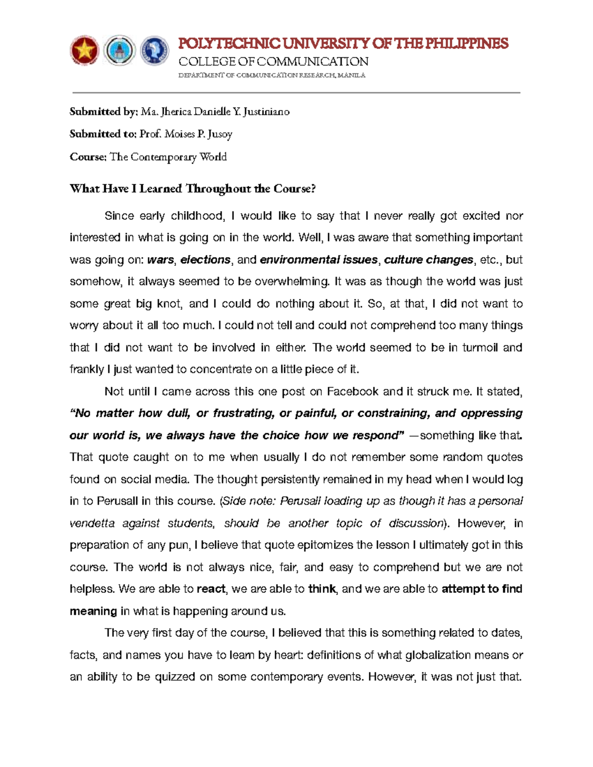 The Contemporary World (CW101) Reflection: Insights and Learnings - Studocu
