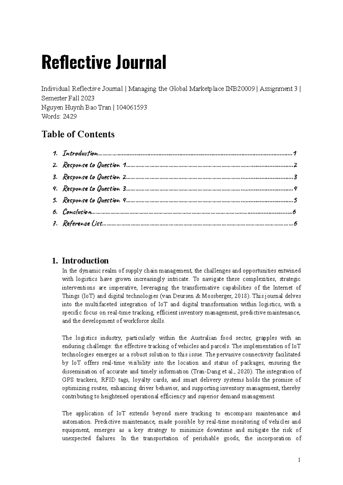 Final Assignment - Reflective Journal - Reflective Journal Individual ...