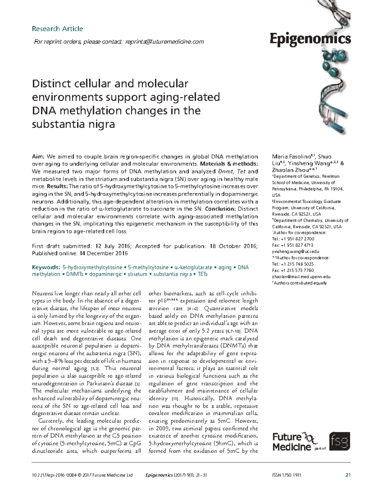 Research Article: DNA Methylation Changes in Substantia Nigra Over ...
