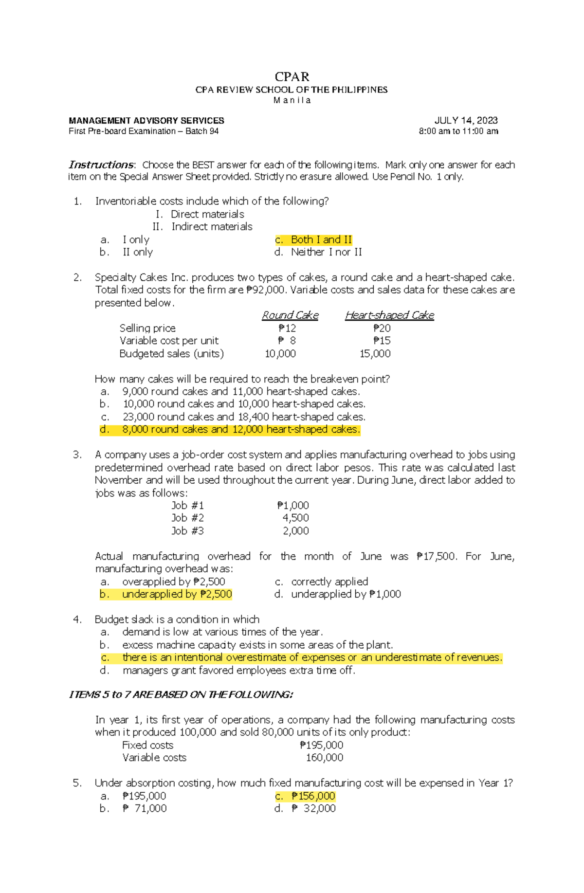 CPAR B94 MAS First Pre-Board Exam - Sample Questions and Solutions ...