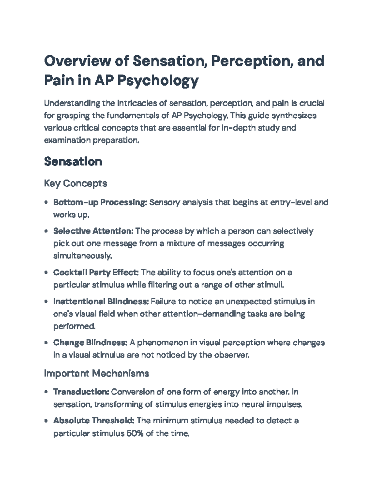 AP Psychology Overview: Sensation, Perception & Pain Concepts ...