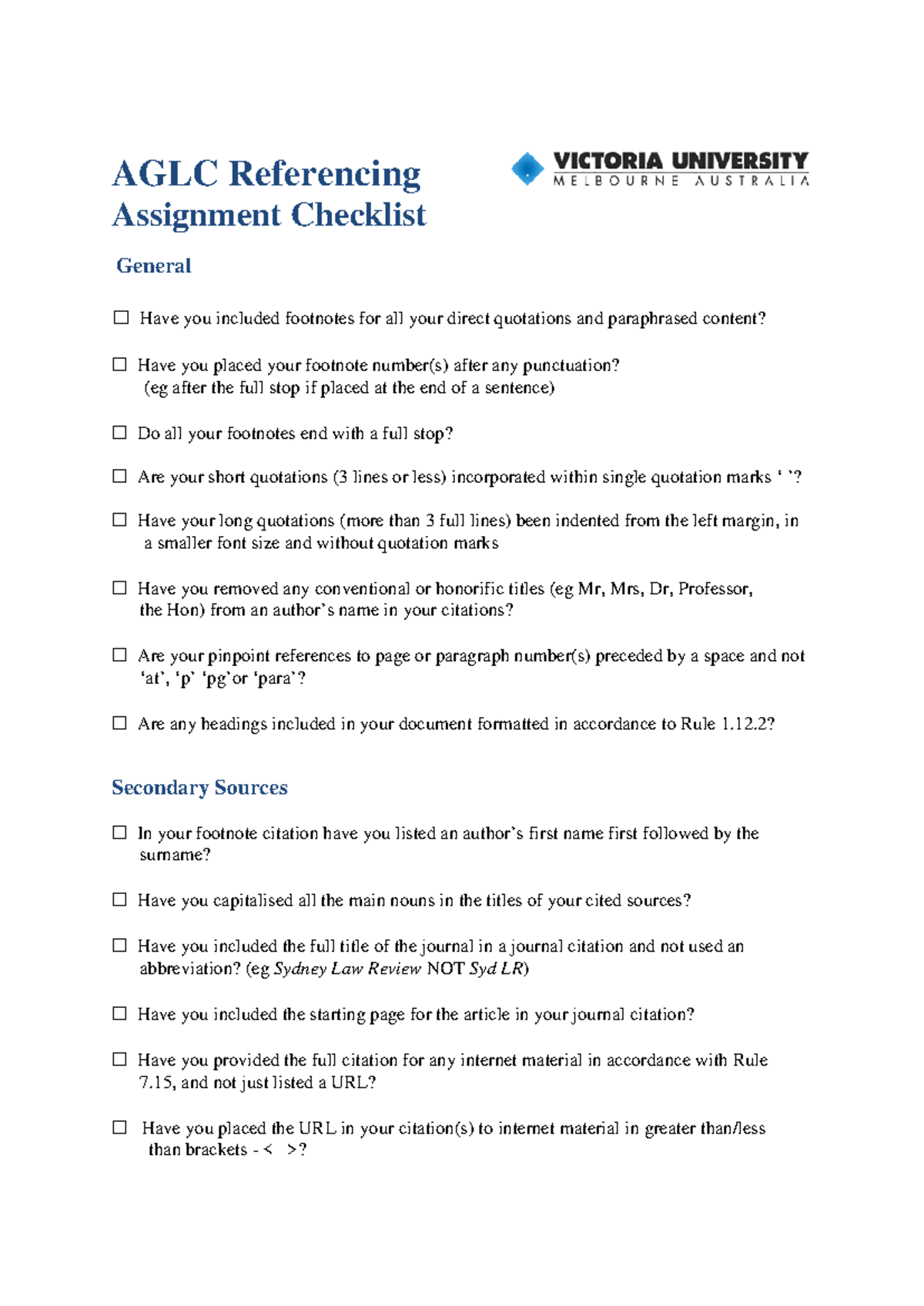 AGLC4 - Comprehensive Assignment Checklist for Referencing Standards ...