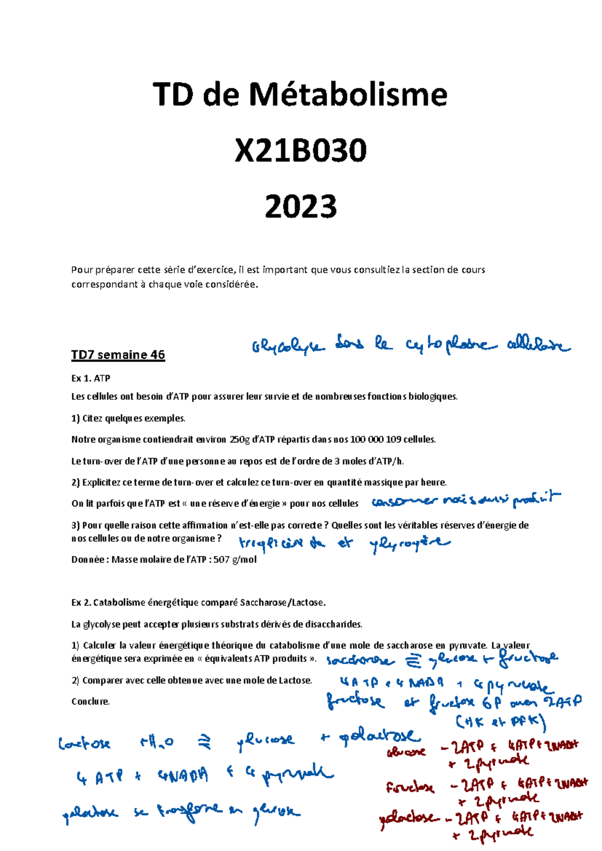 Td métabo - TD de Métabolisme X21B 2023 Pour préparer cette série d ...