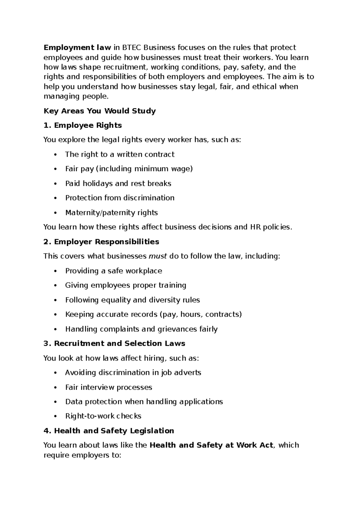 BTEC Business Lesson Notes: Employment Law Overview (U24) - Studocu