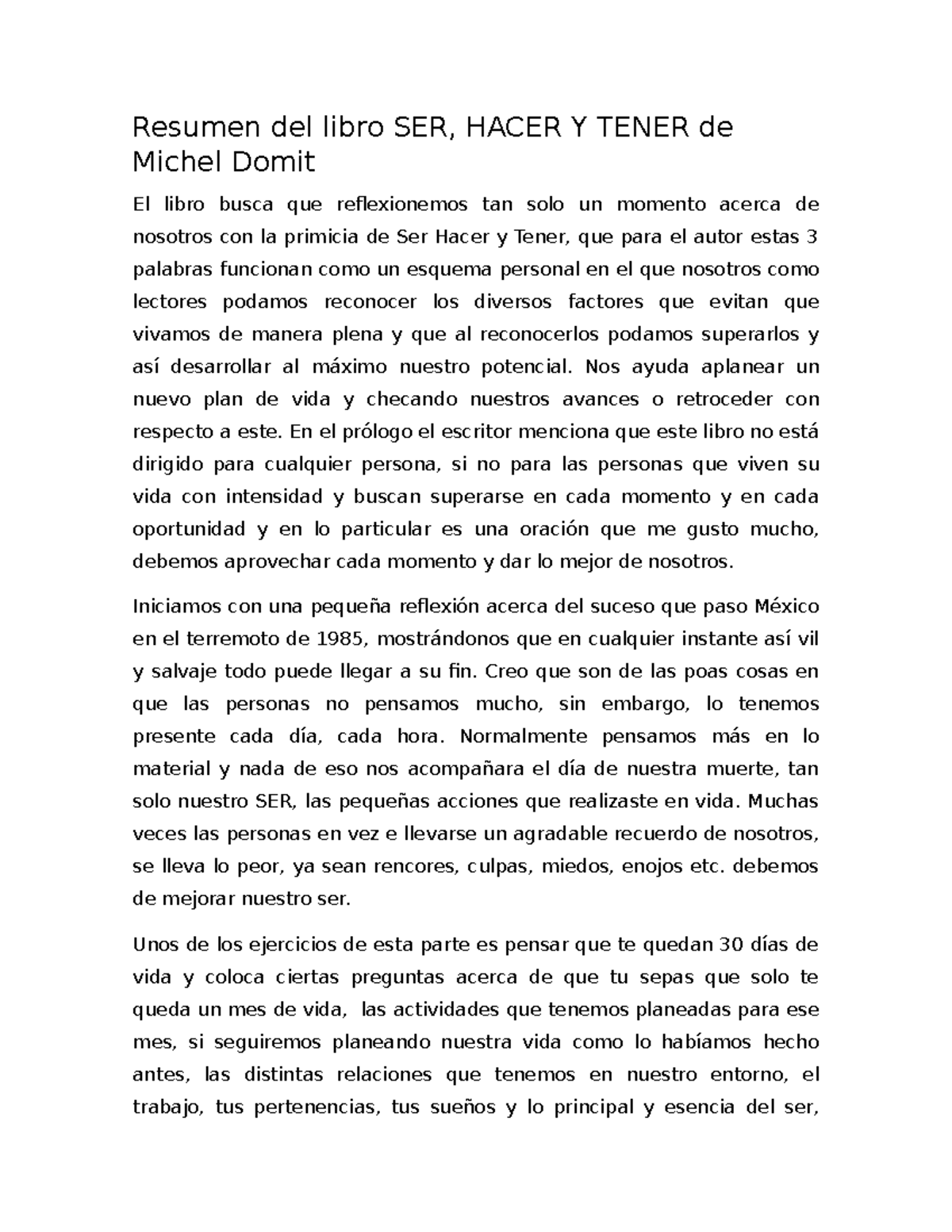 Resumen del libro "Ser, Hacer y Tener" de Michel Domit - Studocu